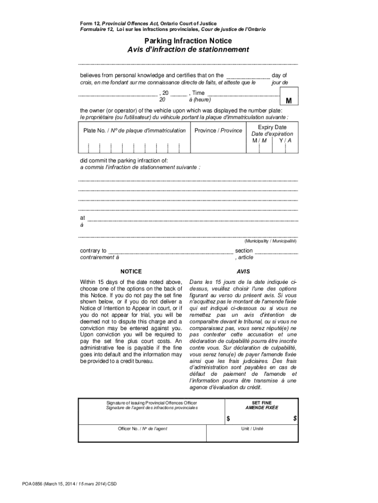 Fillable Online ontariocourtforms on Form 12. Parking Infraction Notice ...