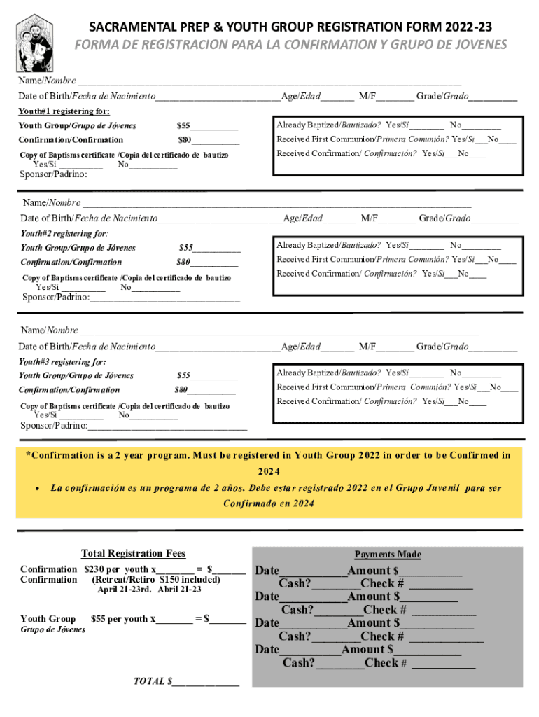 Fillable Online sacramental prep & youth group registration form 2022-23 Fax Email Print - pdfFiller