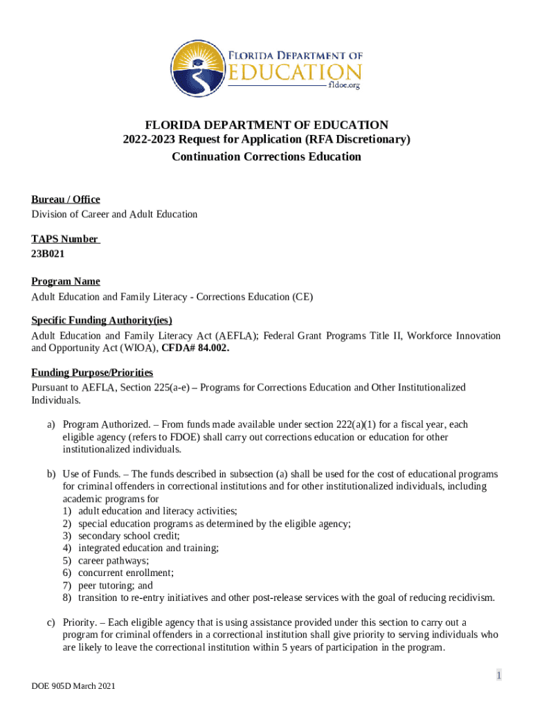 FLORIDA DEPARTMENT OF EDUCATION Request for Application (RFA ...