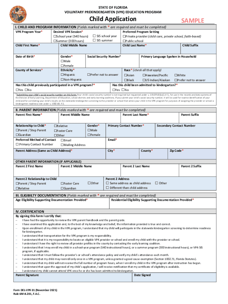 Fillable Online Child Application SAMPLE - Florida Department of ...
