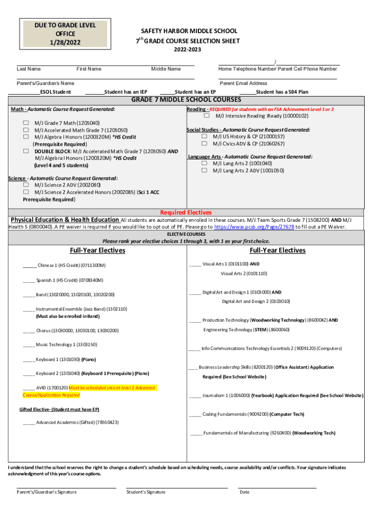 Fillable Online GRADE 7 MIDDLE SCHOOL COURSES Full-Year Electives Full ...