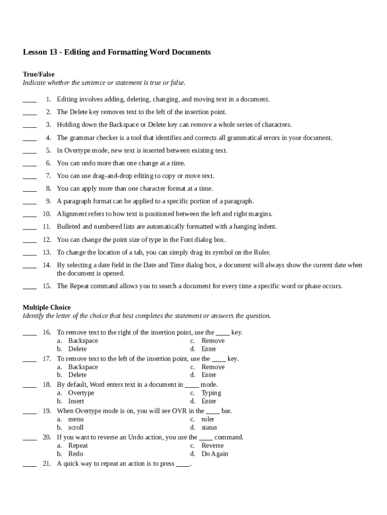 Lesson 13 Editing And Atting Documents True False Doc Template PdfFiller lesson-13-editing-and-atting-documents-true-false-doc-template-pdffiller