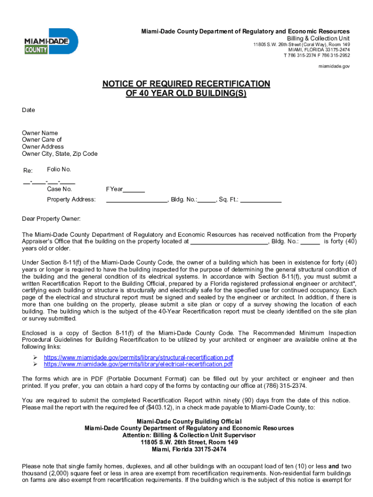 Fillable Online NOTICE OF REQUIRED RECERTIFICATION OF 40 YEAR OLD ...