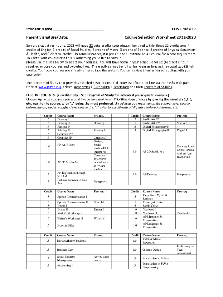 Fillable Online Parent Signature/Date: Course Selection Worksheet 2022-2023 Fax Email Print ...