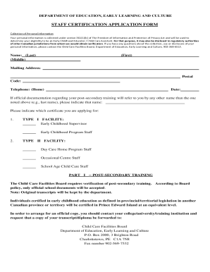 Fillable Online STAFF CERTIFICATION APPLICATION FORM - Prince Edward ...