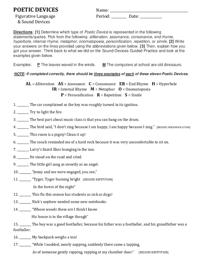 Fillable Online POETIC DEVICES - Definitions & ExamplesEreading ...
