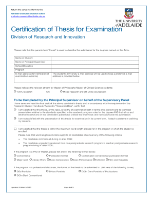 Fillable Online Certification of Thesis for Examination - University of ...