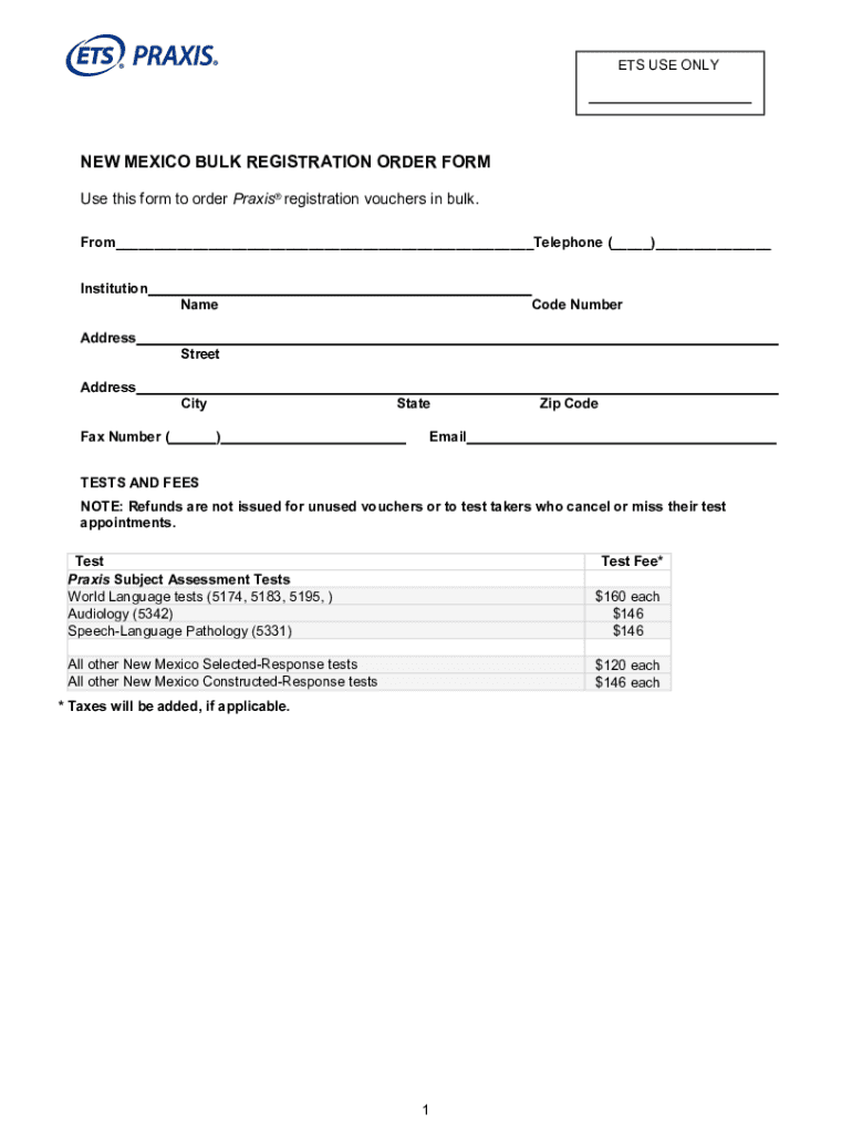Fillable Online PRAXIS Bulk Registration Order Form - Educational ...