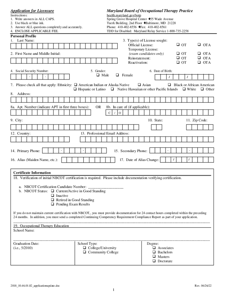 Fillable Online Application for Licensure Maryland Board of Occupational ... Fax Email Print ...