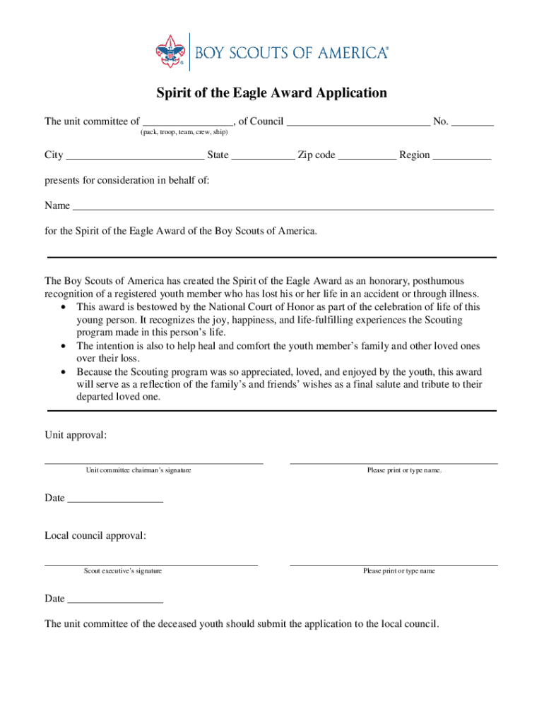 Fillable Online Spirit of the Eagle Award Application - Scouting Fax Email Print - pdfFiller