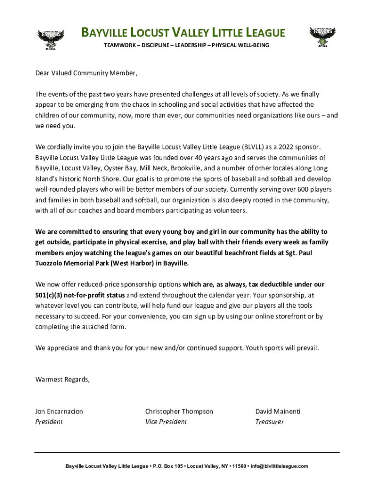 Fillable Online 2022 Baseball Sponsorship Letter and Application Form ...