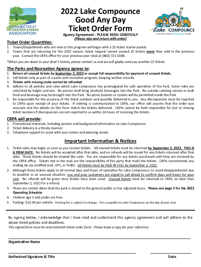 Fillable Online 2022 Lake Compounce Good Any Day Ticket Order Form Fax ...