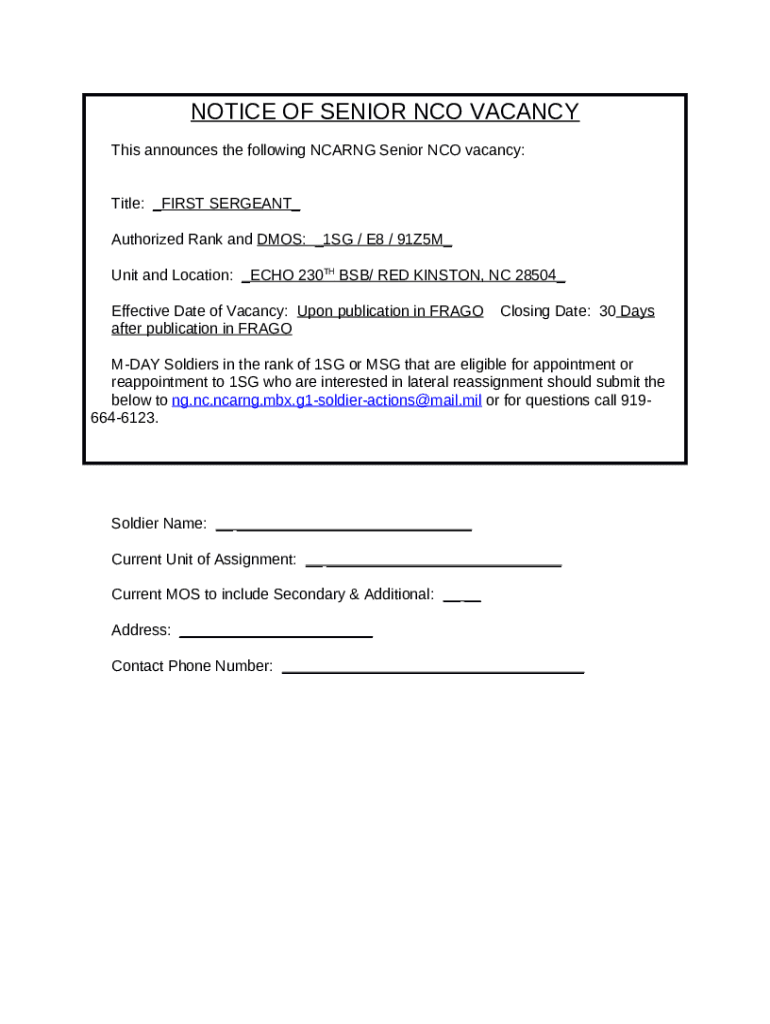 NOTICE OF SENIOR NCO VACANCY 1SG D Co 120th IN - National Guard - nc ng ...
