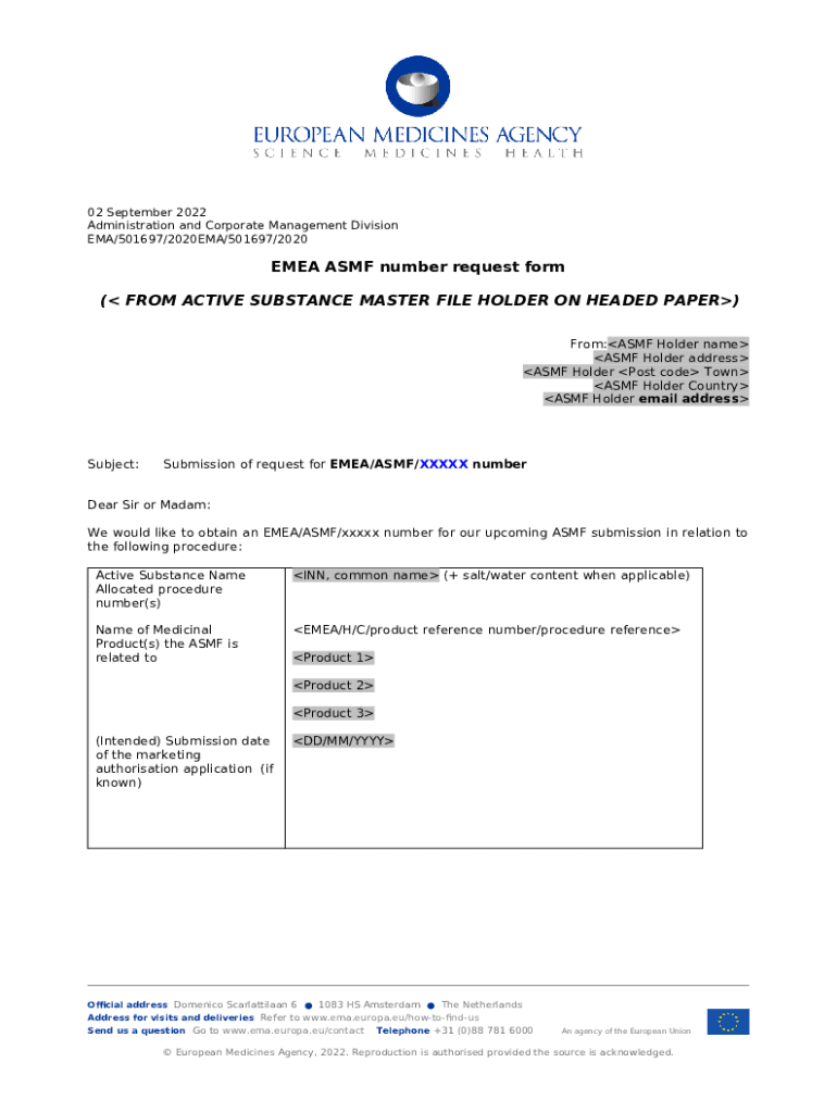 www.ema.europa.euendocumentsEMEA ASMF number request - European ...