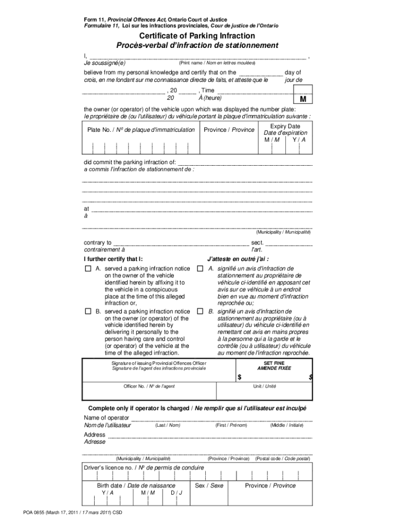 Fillable Online ontariocourtforms on Certificate of Parking Infraction ...