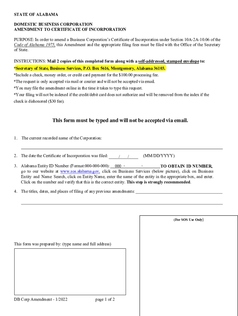Fillable Online STATE OF ALABAMA DOMESTIC BUSINESS CORPORATION ...