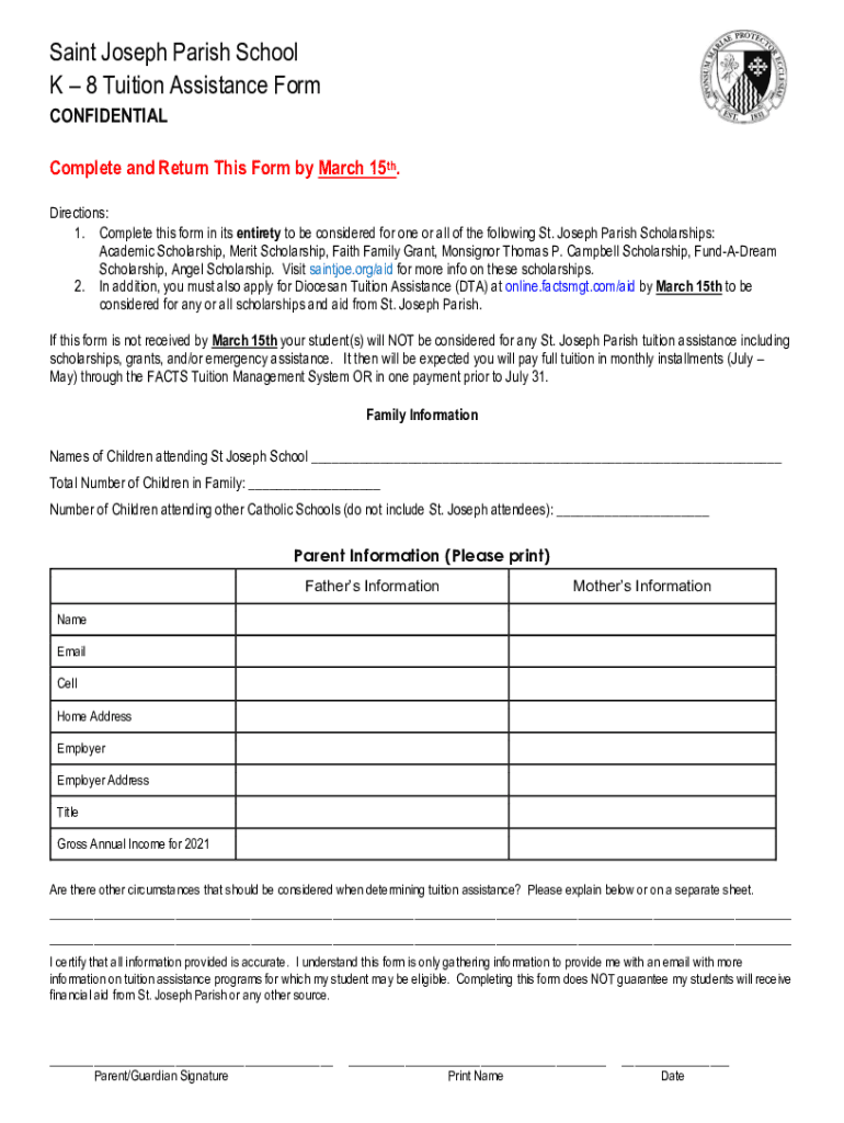 Fillable Online Saint Joseph Parish School K 8 Tuition Assistance Form ...