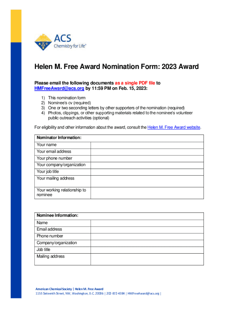 Fillable Online www.acs.orghelen-free-award-nomination-formHelen M ...