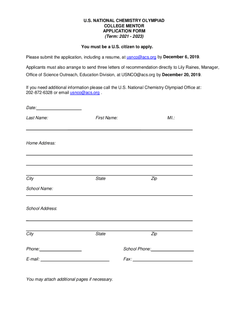 Fillable Online U.S. NATIONAL CHEMISTRY OLYMPIAD COLLEGE MENTOR ...