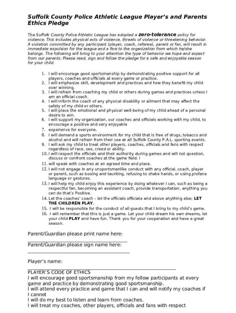 SUFFOLK COUNTY PAL PLAYERS AND PARENTS ETHICS PLEDGE Doc Template ...