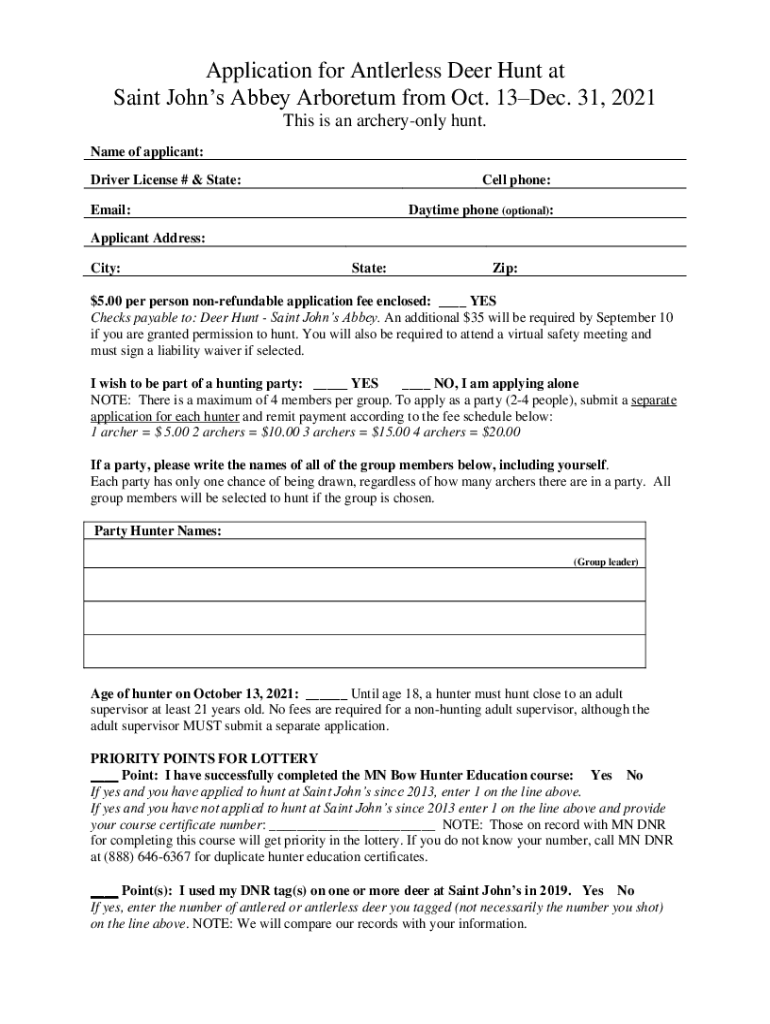 Fillable Online Application for Antlerless Deer Hunt at Saint John's ...