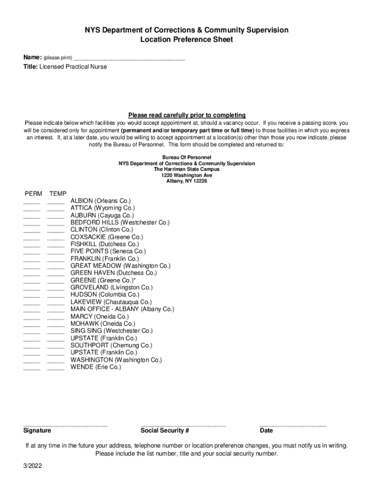 Fillable Online doccs ny doccs.ny.govlocation-preference-sheetNYS ...