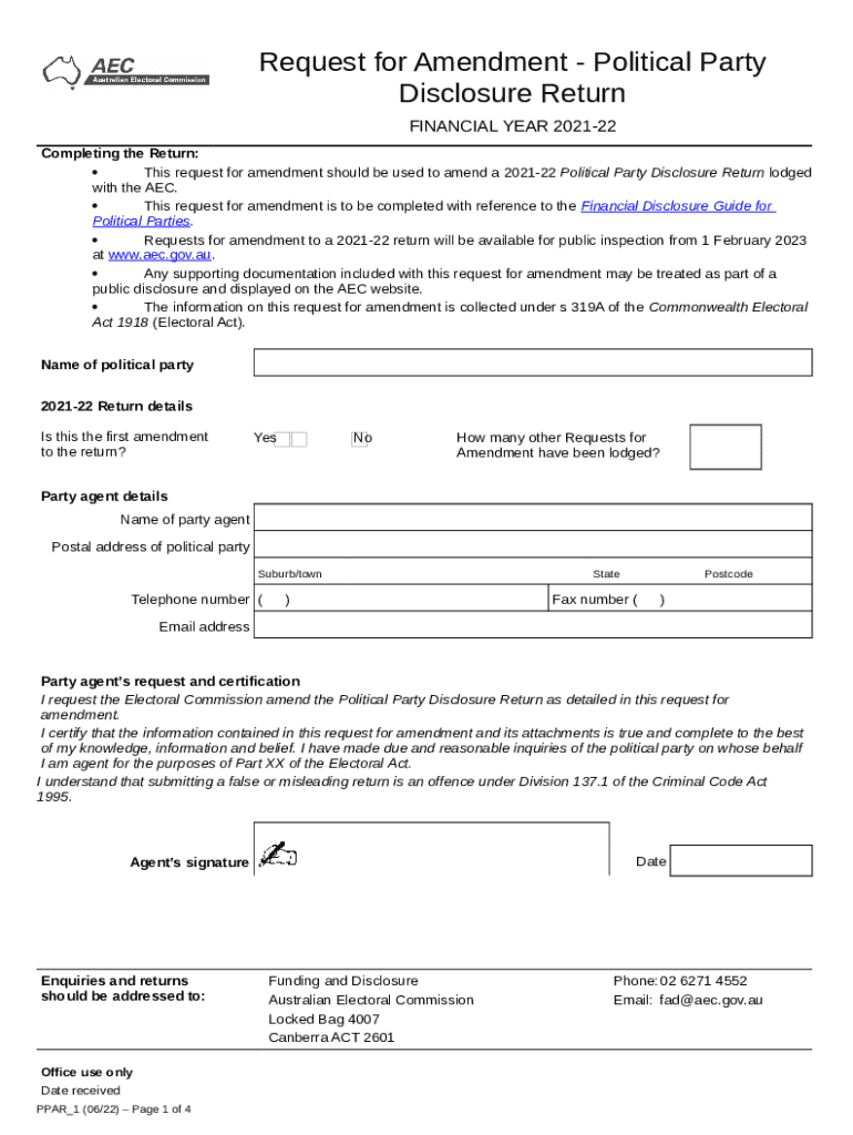 Amendment to Political Party Annual Return Doc Template | pdfFiller