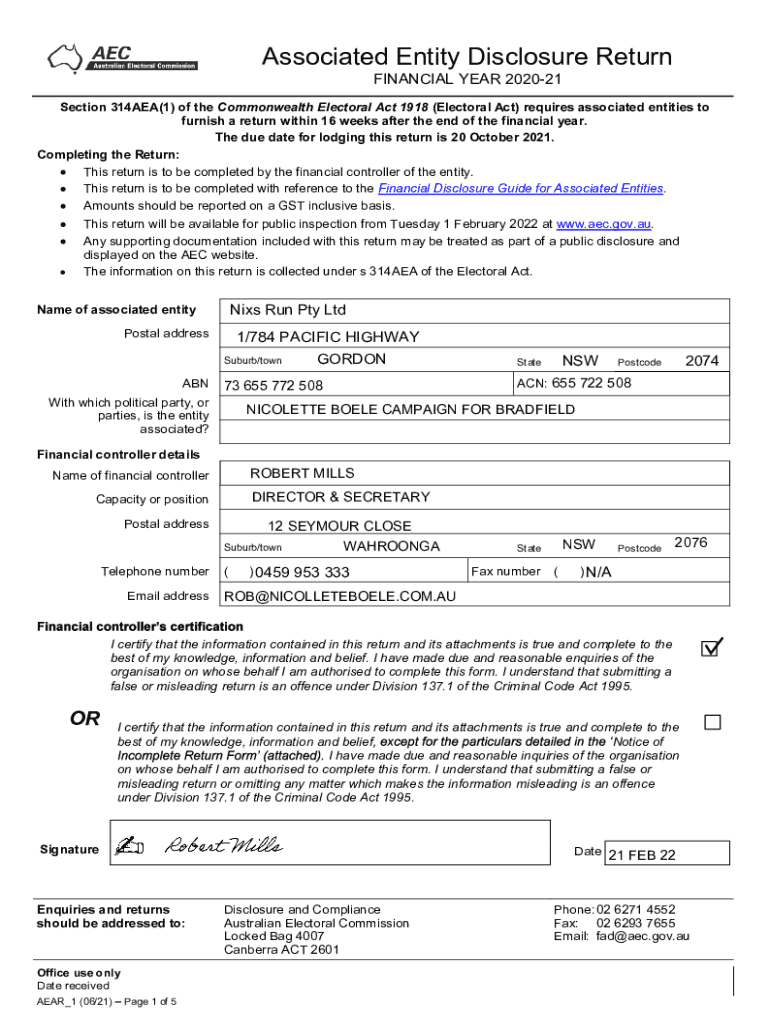 Fillable Online Associated Entity Disclosure Return - Australian Electoral Commission Fax Email ...