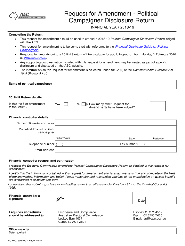 Fillable Online Request for Amendment - Political Campaigner Disclosure ...