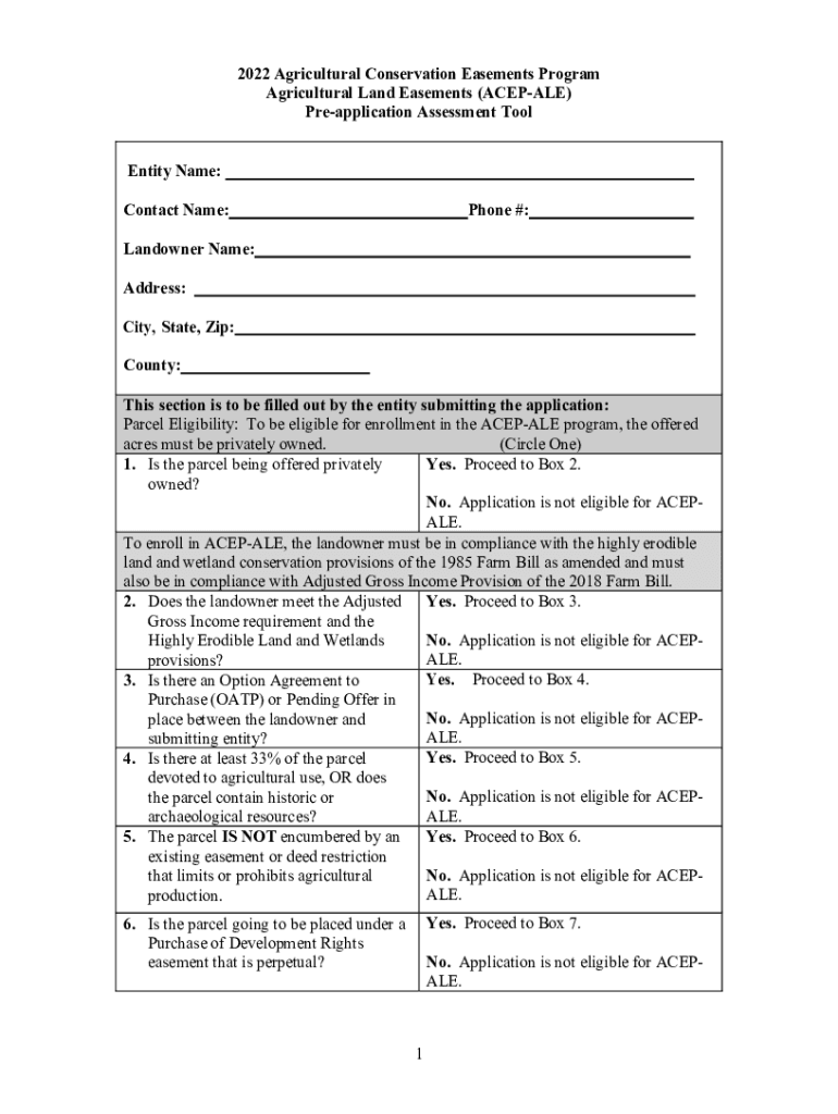 Fillable Online 2022 Agricultural Land Easements (ACEP-ALE) Pre ...