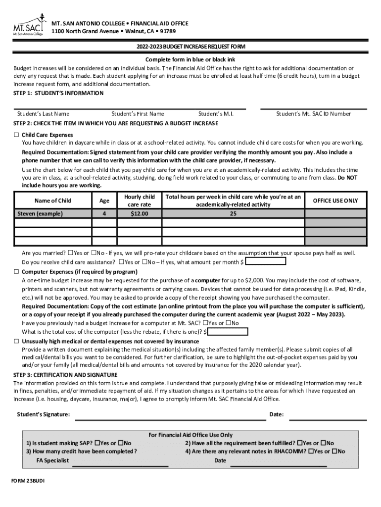 Fillable Online 2022-2023 Budget Increase Request Form - Mt. San ...