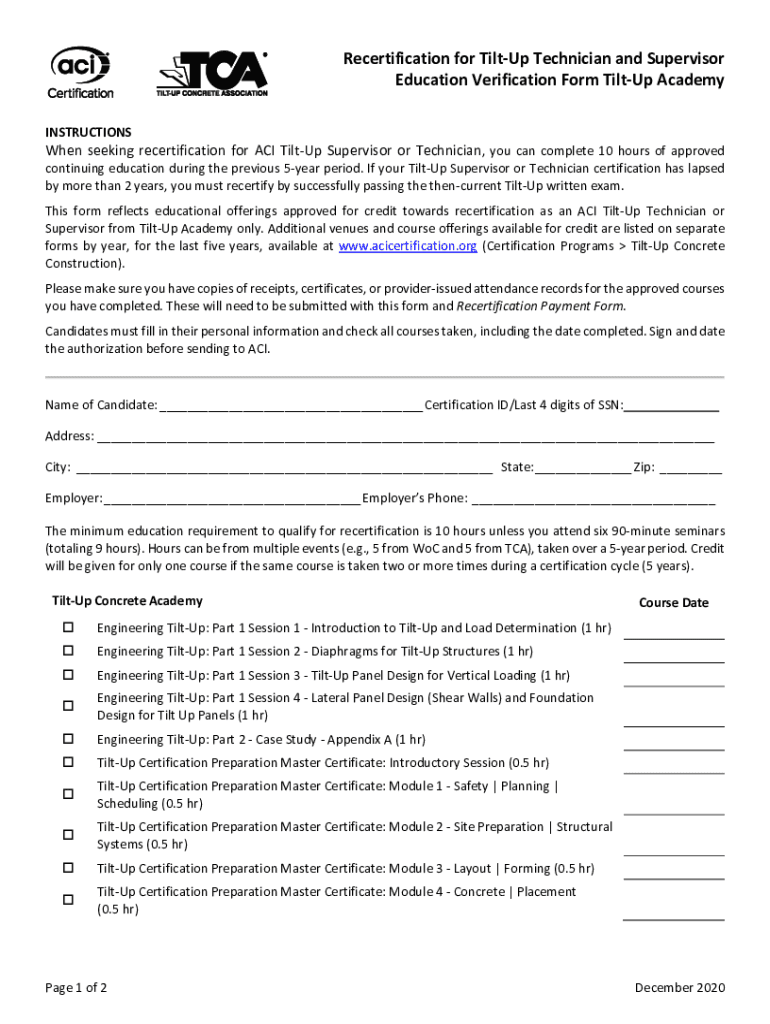 Fillable Online Recertification for Tilt-Up Technician and Supervisor ...