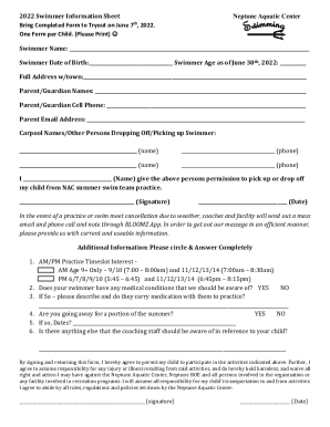 Fillable Online 2022 Swimmer Information Sheet Neptune Aquatic Center ...