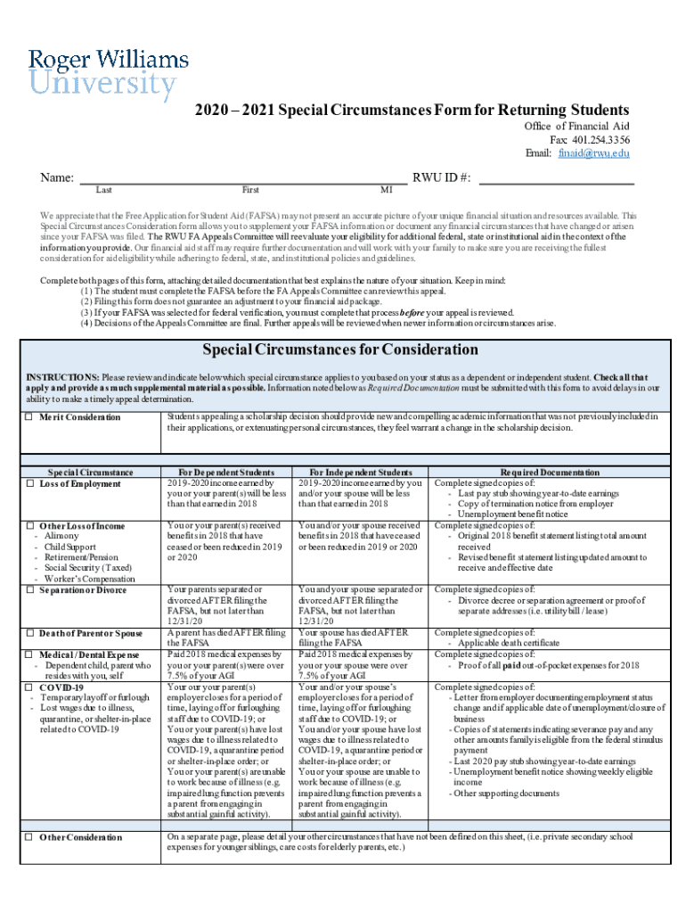 Fillable Online 20202021 Special Circumstances Form for Returning Students Fax Email Print ...