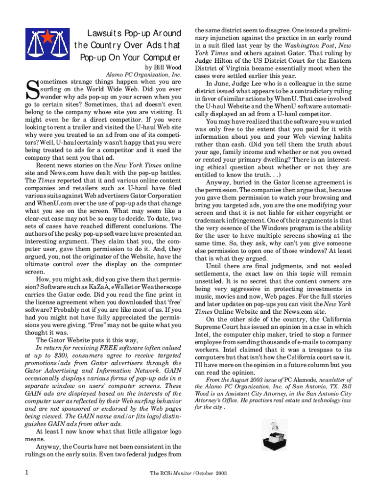 Fillable Online Lawsuits Pop-up Around the Country Over Ads that Pop-up On ... Fax Email Print ...