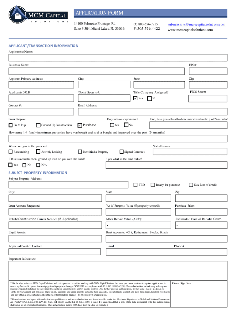 Fillable Online APPLICATION FORM - MCM Capital Solutions Fax Email ...