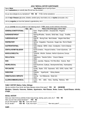 Fillable Online ADULT MEDICAL HISTORY QUESTIONAIRE Date of : New ...