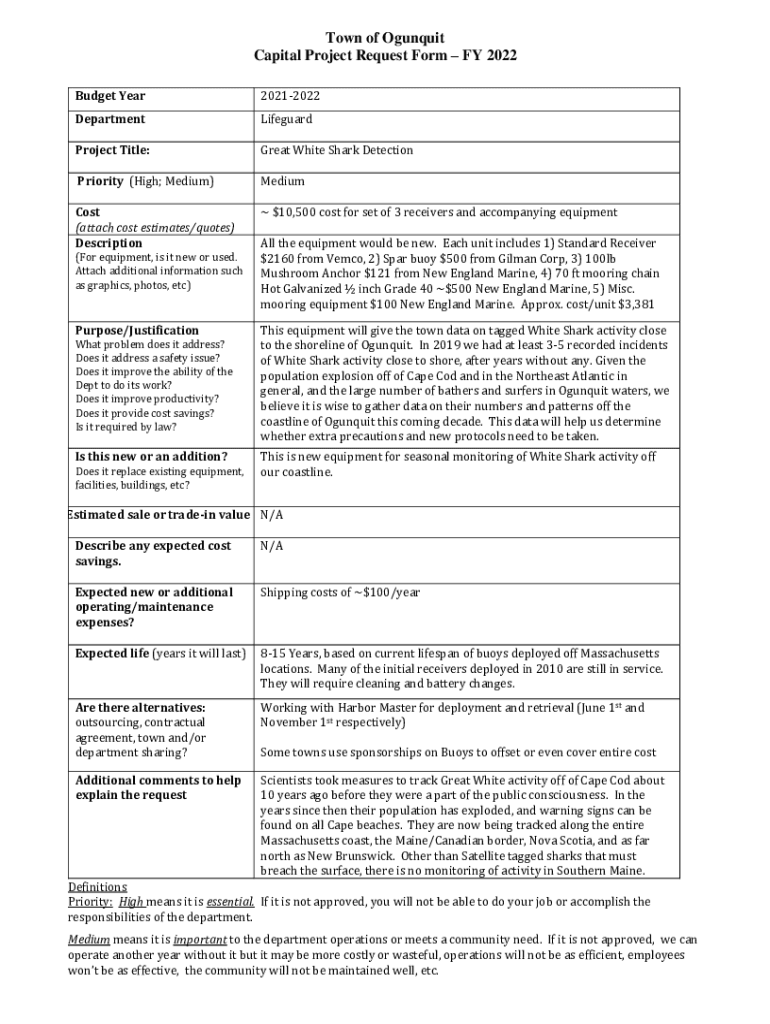 Fillable Online Town of Ogunquit Capital Project Request Form FY 2022 ...