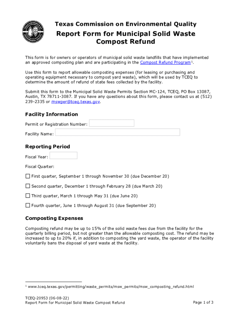 Fillable Online Report Form for Municipal Solid Waste Compost Refund. Form for reporting ...