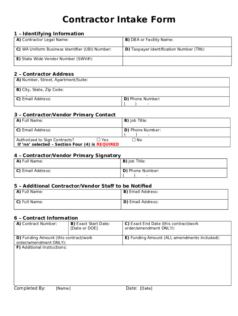 SBHS Contractor intake - Wa Doc Template | pdfFiller
