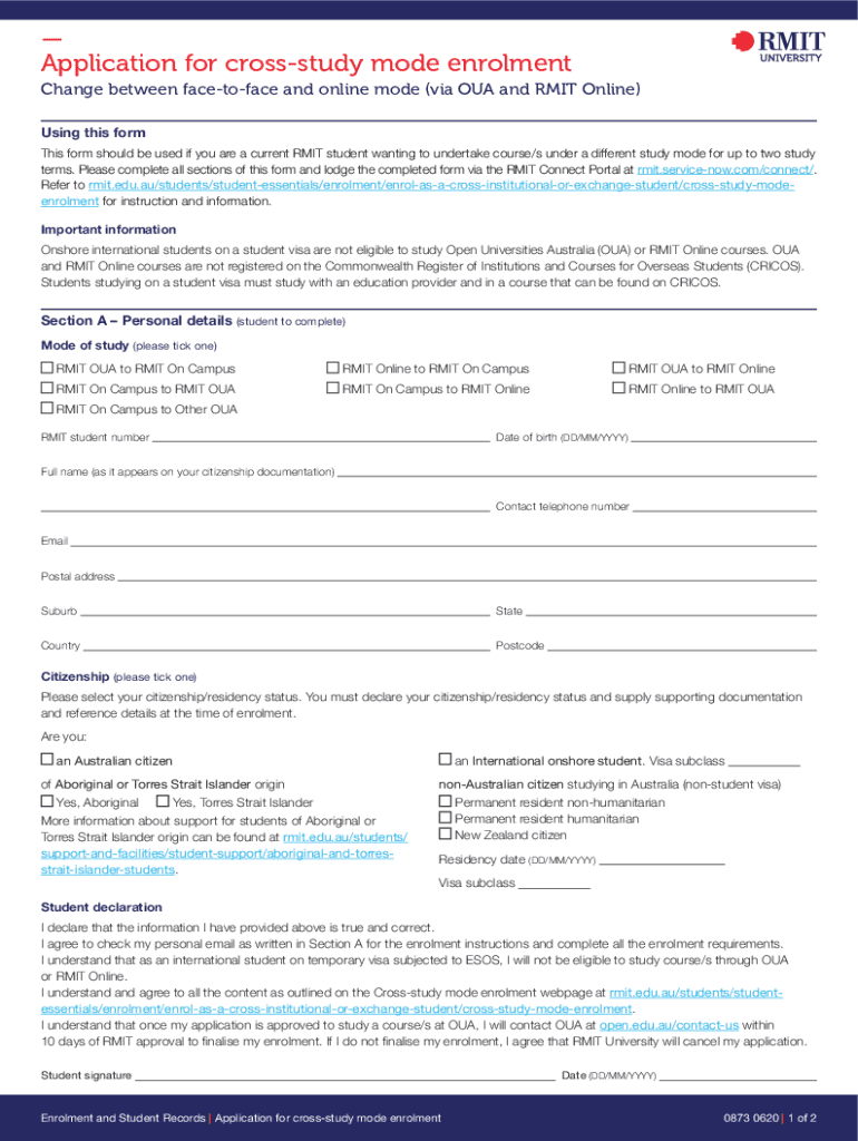 Fillable Online Application for cross-study mode enrolment RMIT ...