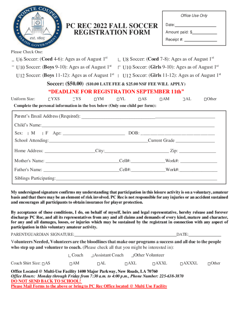 Fillable Online PC REC 2022 FALL SOCCER REGISTRATION FORM Fax Email Print - pdfFiller