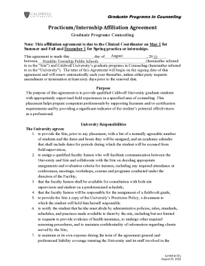 Fillable Online AFFILIATION AGREEMENT - INTERNSHIP FORMS - MASTER OF ...