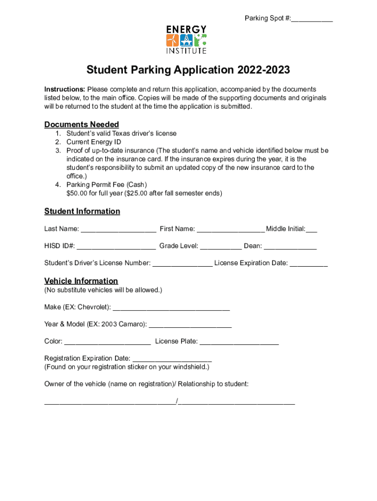Fillable Online Energy Institute High School Student Parking Contract 2022-2023 Fax Email Print ...
