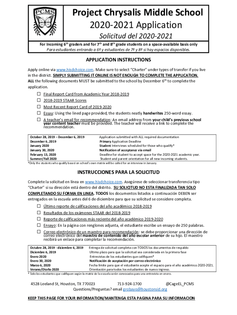 Fillable Online Project Chrysalis Middle School 2017-2018 Application ...