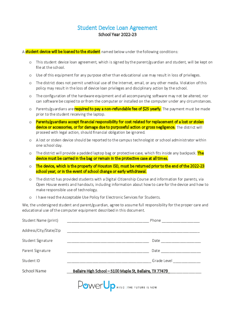 Fillable Online Student Device Loan Agreement - Houston Independent ...