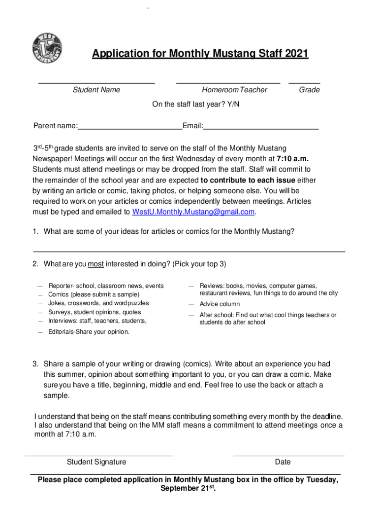 Fillable Online Application for Monthly Mustang Staff 2021 Fax Email Print - pdfFiller