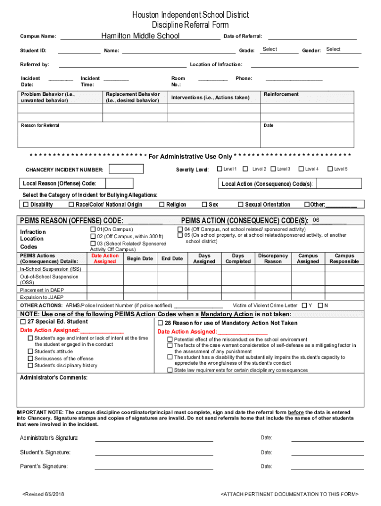 Fillable Online Houston Discipline Referral Template 06-2018 Fax Email ...