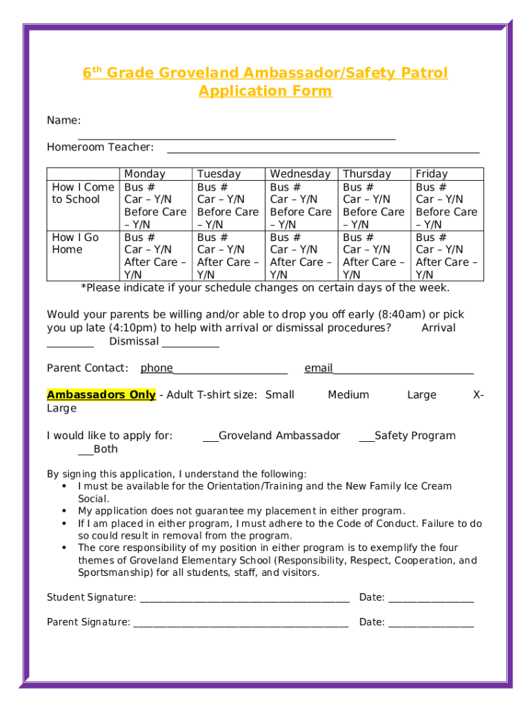 6th Grade Groveland Ambassador/Safety Patrol Application Doc Template ...
