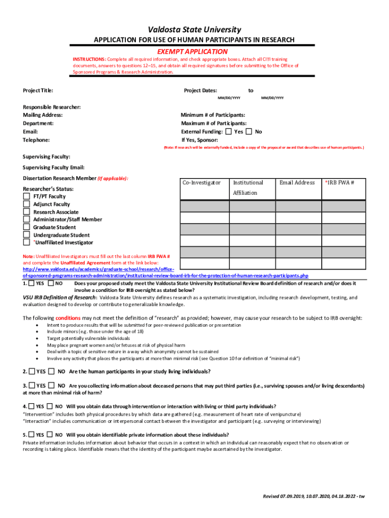 Fillable Online Valdosta State University - EXEMPT APPLICATION Fax ...